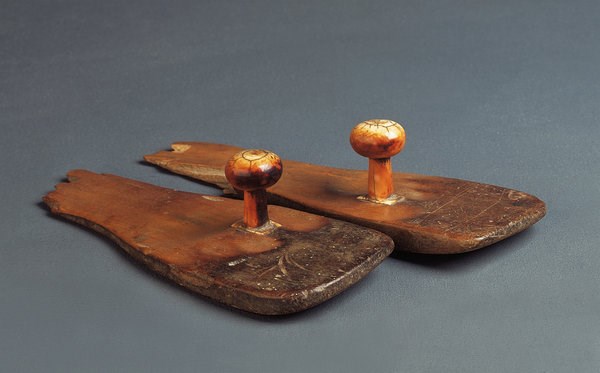 A pair of Wood and Ivory 'Padukas' the toe knob sandal of the Indian ...