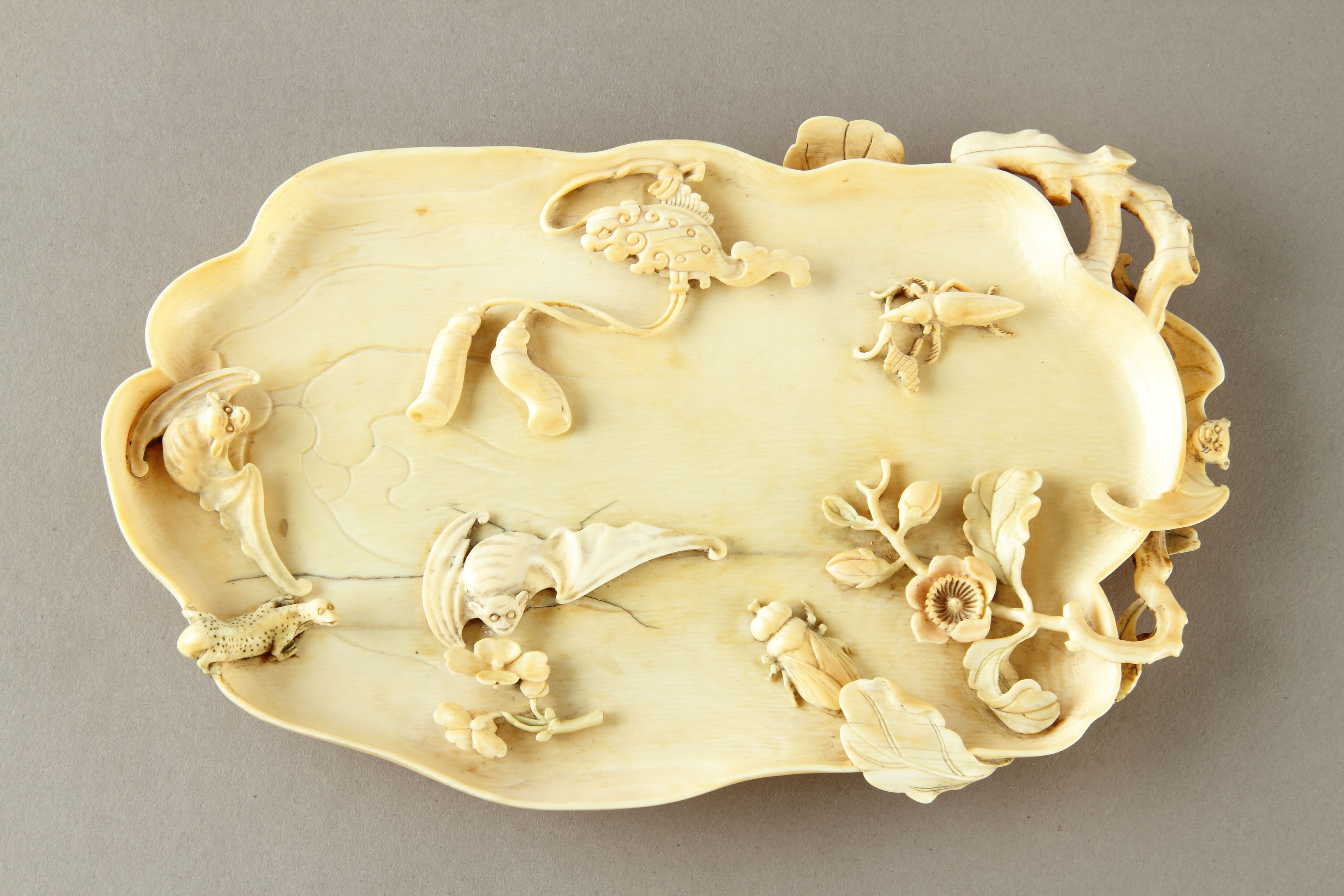 Chinese Ivory Tray of Loquat Form Naturalistically Carved in High ...