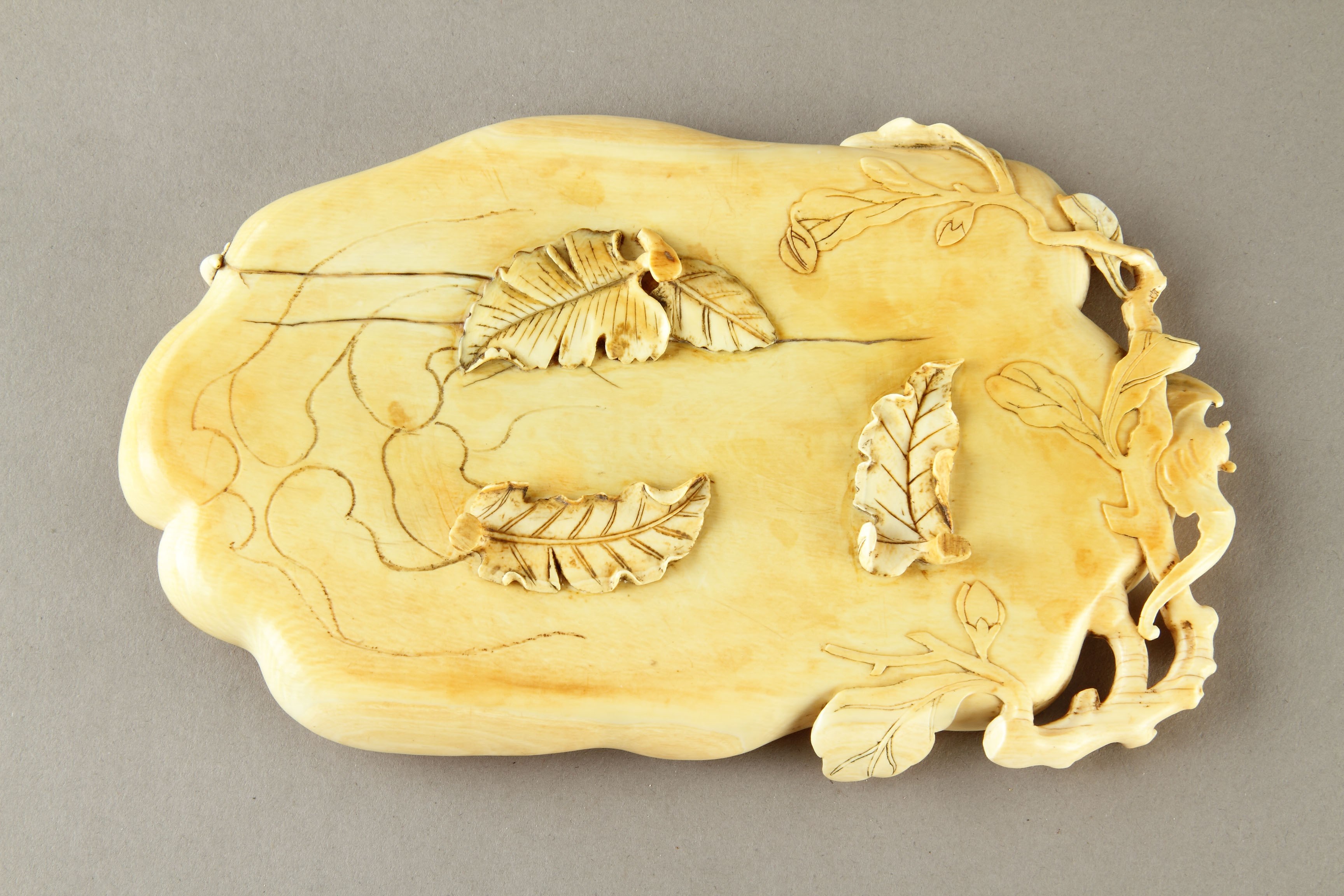 Chinese Ivory Tray of Loquat Form Naturalistically Carved in High ...