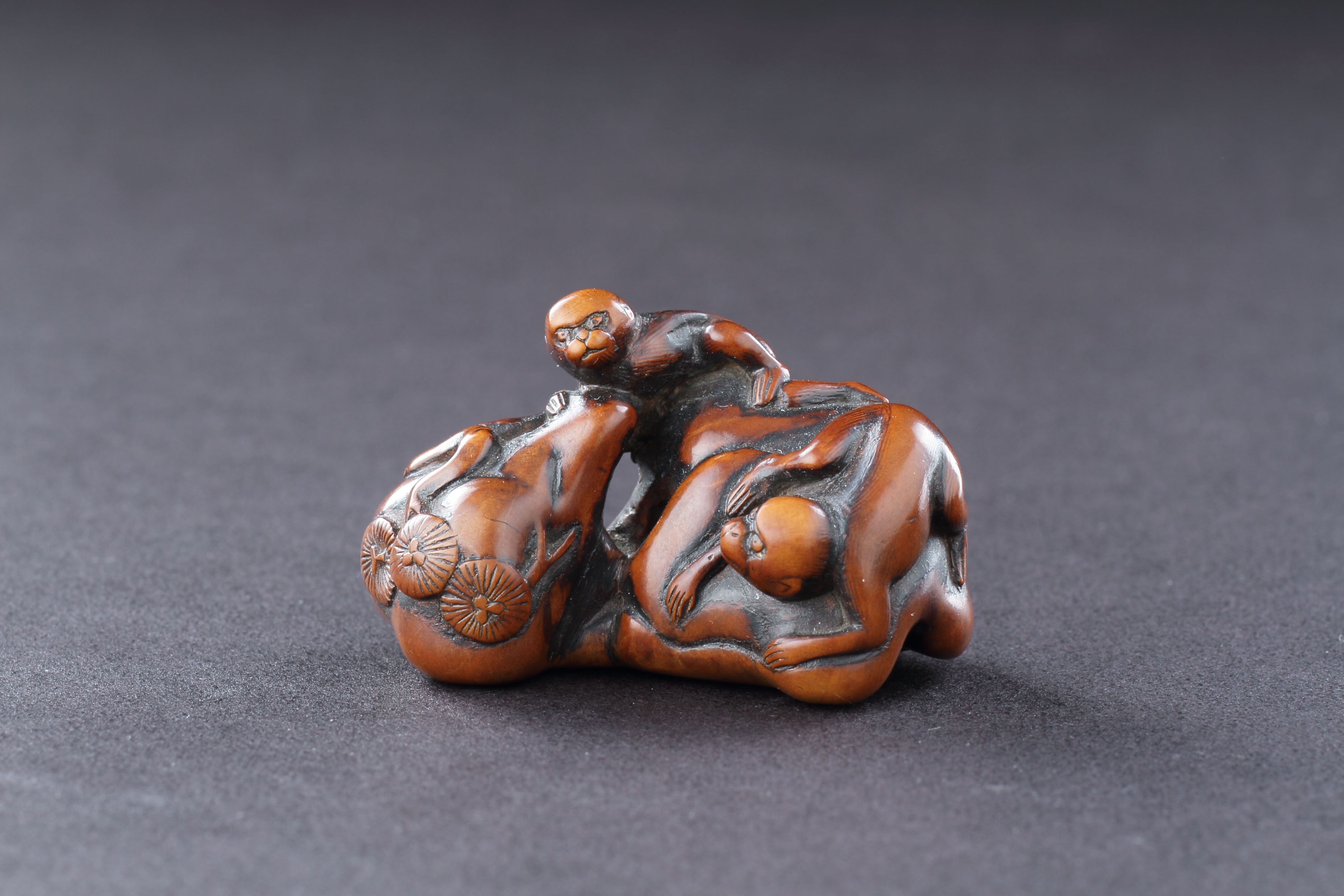 Japanese Boxwood Netsuke of Two Monkeys Climbing over a Rock with ...