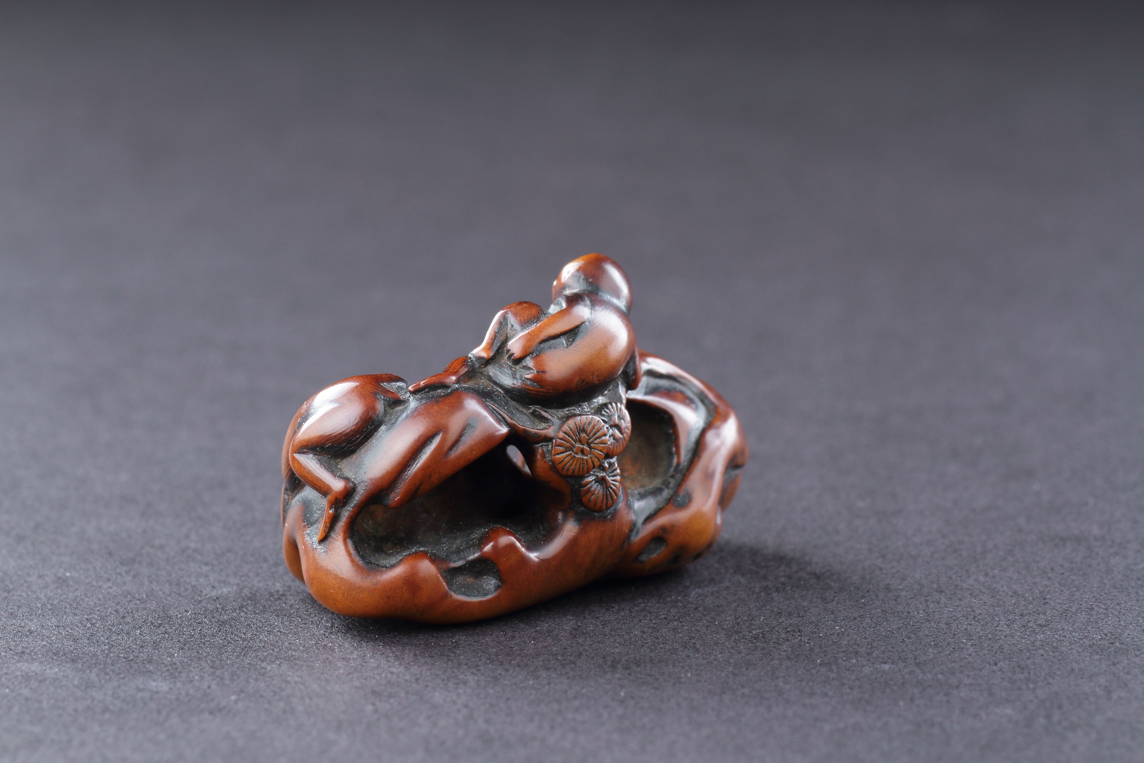 Japanese Boxwood Netsuke of Two Monkeys Climbing over a Rock with ...