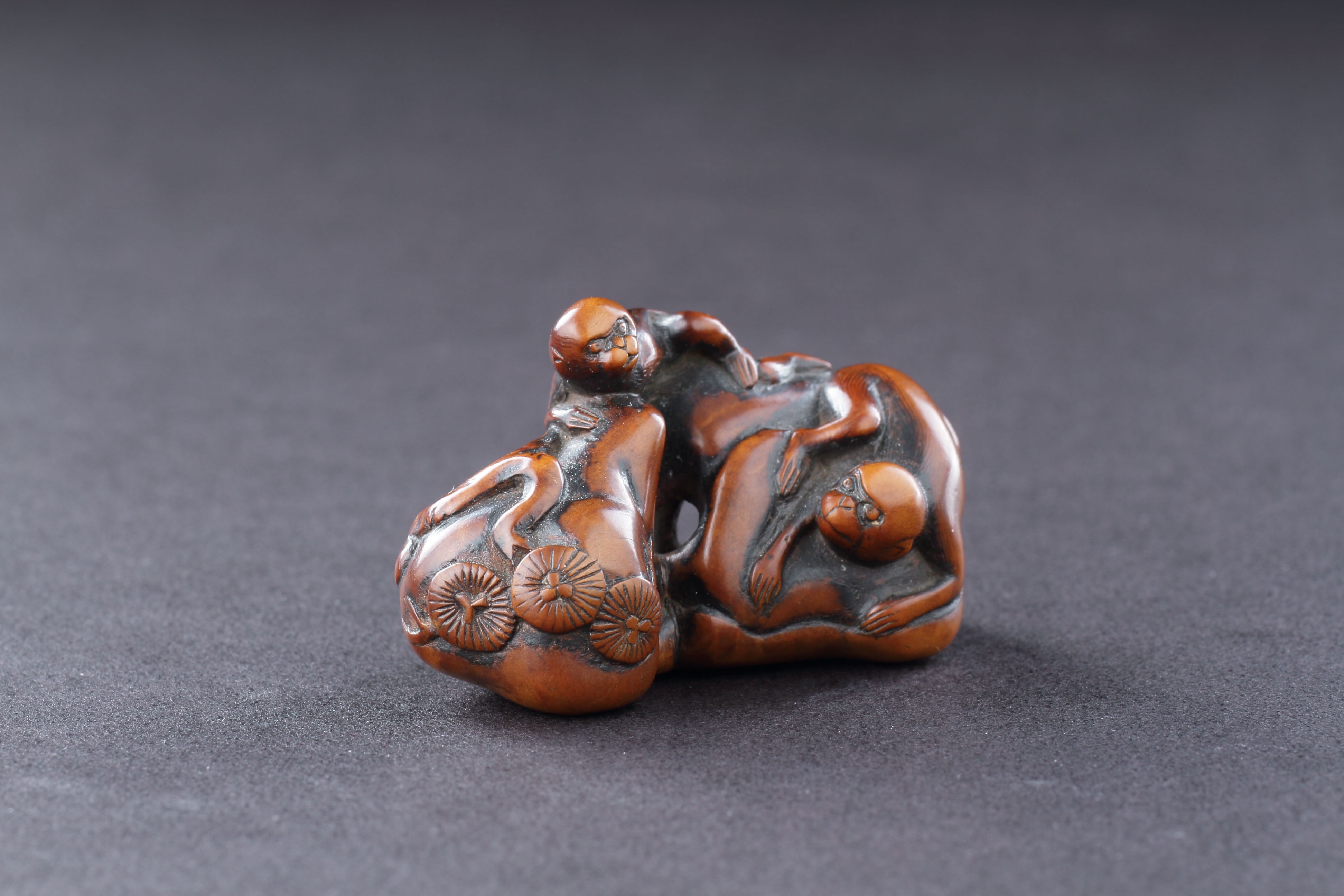 Japanese Boxwood Netsuke of Two Monkeys Climbing over a Rock with ...