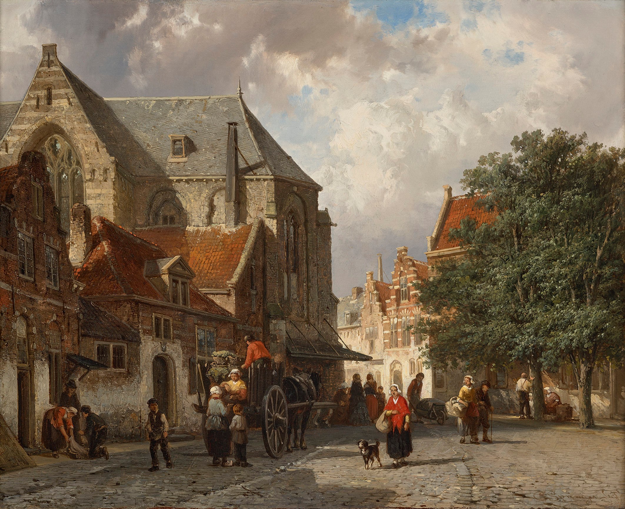 Cornelis Springer - Townsfolk on a church square in Utrecht | MasterArt