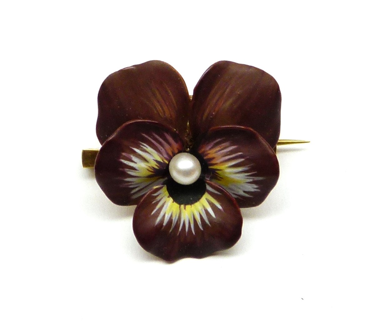 Antique maroon enamel and pearl pansy brooch, probably American c.1900 ...