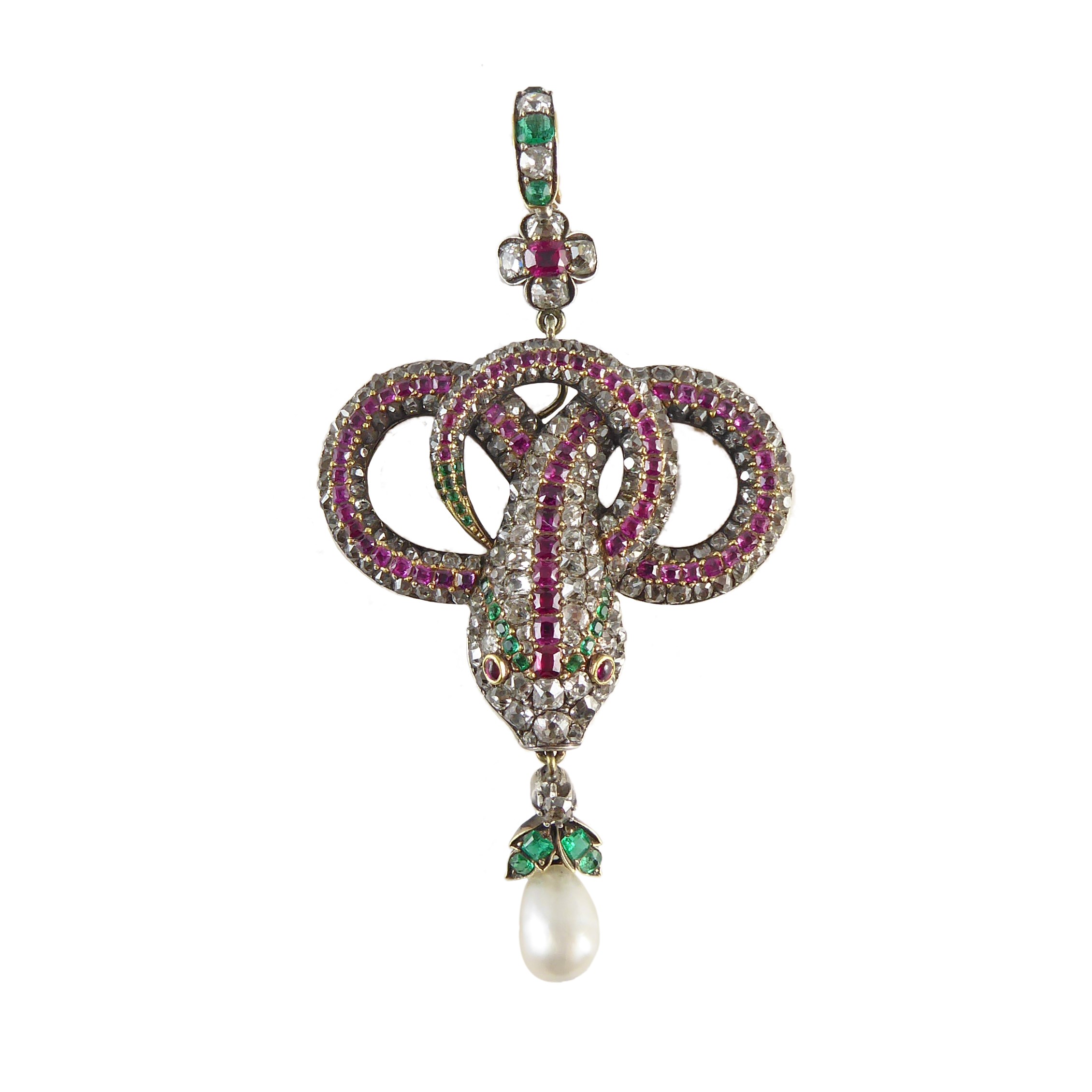 Diamond, ruby, emerald and pearl snake pendant, the snake triple looped ...