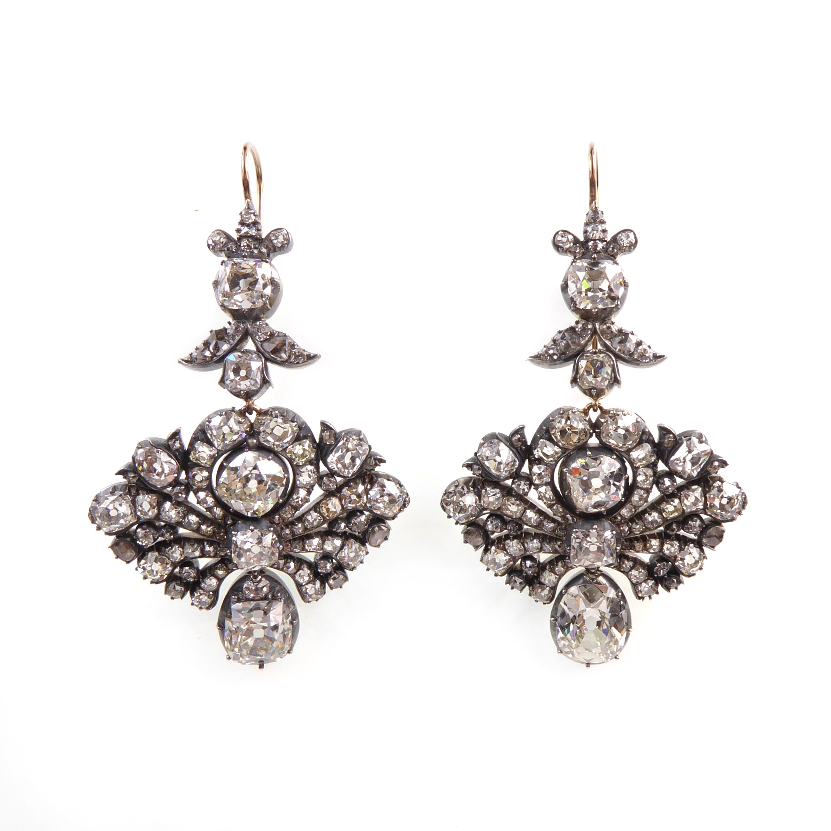 Pair of antique cushion cut diamond cartouche panel earrings | MasterArt