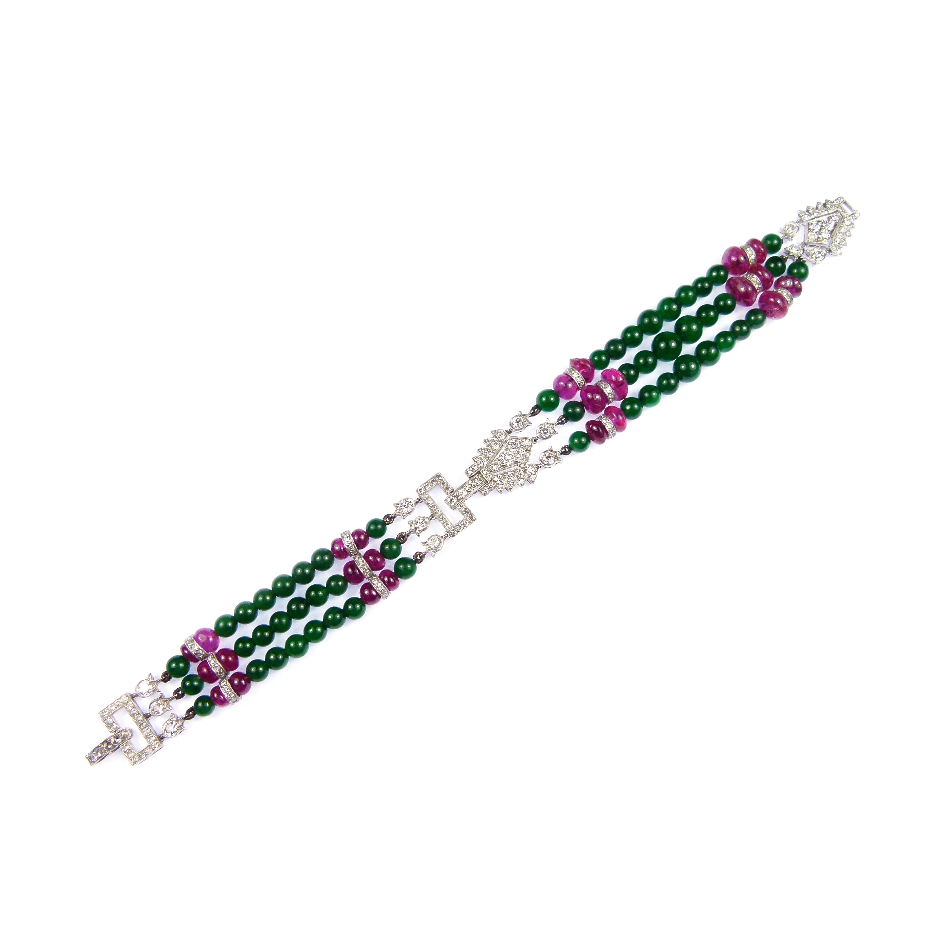 Koch - Cabochon ruby and diamond two row bracelet by Koch, one slightly ...